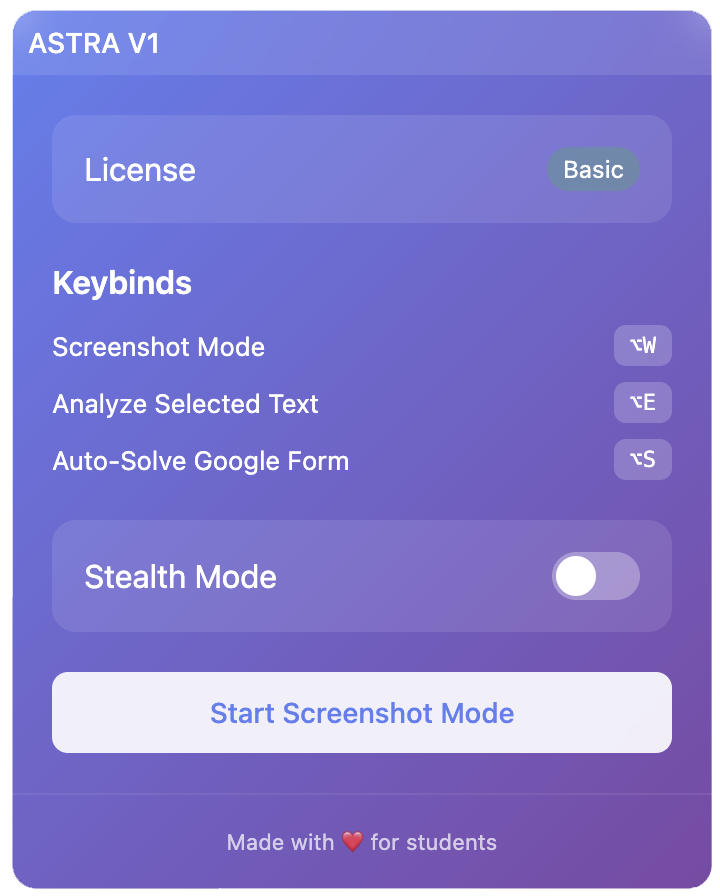 Astra Menu | AI Homework Assistant